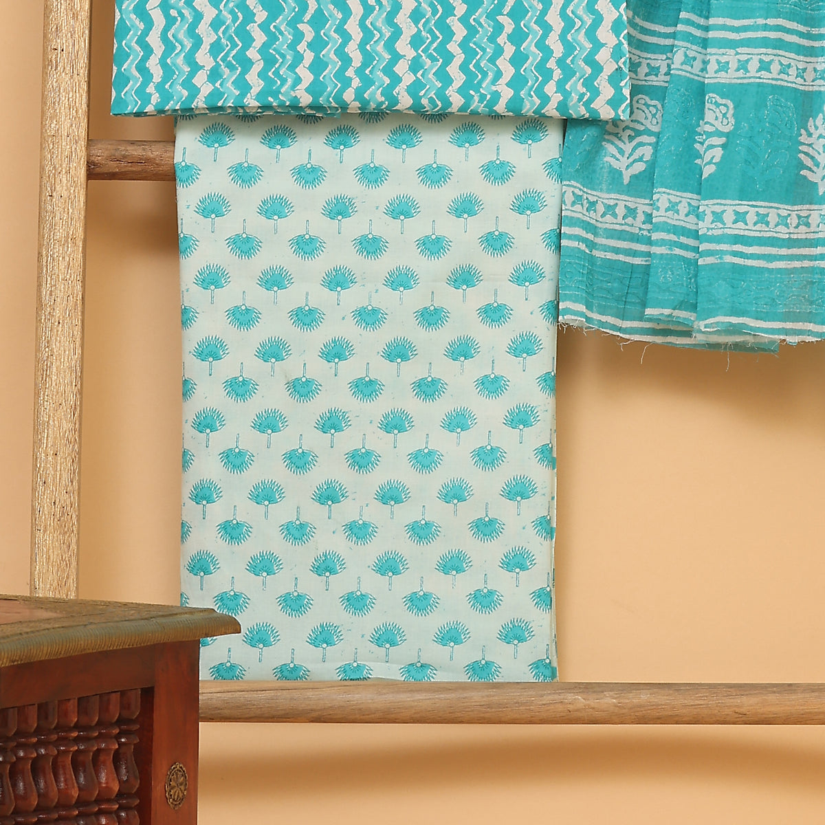Hamza blue hand block printed cotton unstitched Suit set – Kameez.co